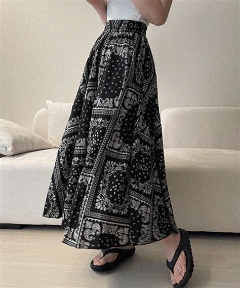 11할인 쿨원단허리밴딩 페이즐리 찰랑 촤르르핏 후레아 롱 스커트 에이블리