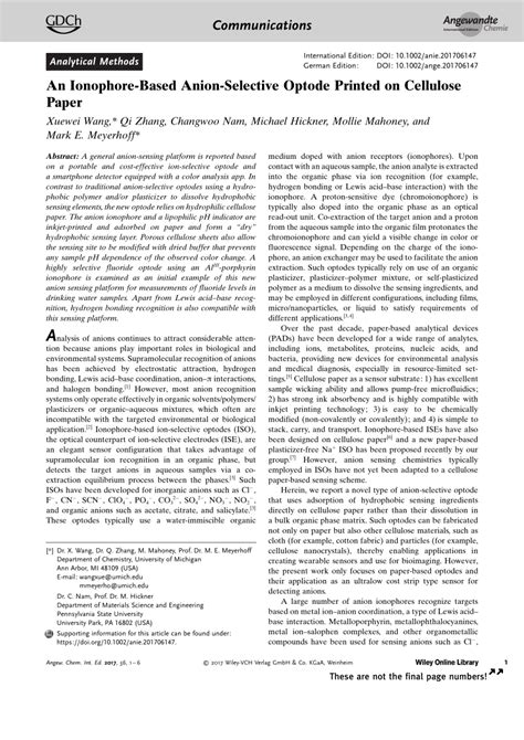 Pdf Ionophore Based Anion Selective Optode Printed On Cellulose Paper