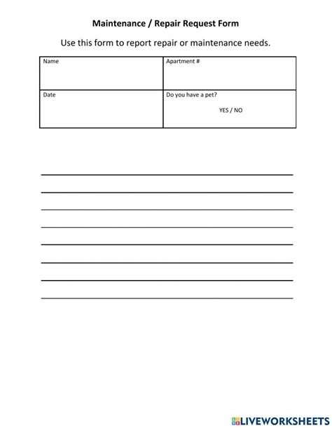 Maintenance Request Form Worksheet Live Worksheets
