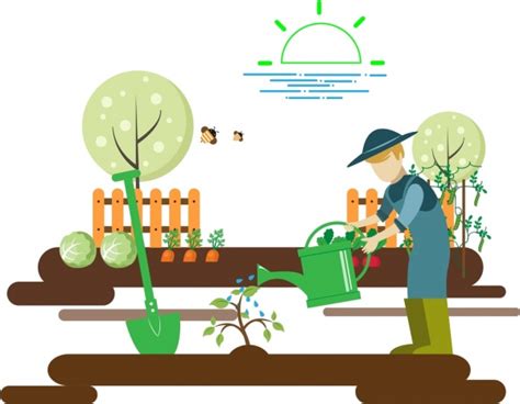 Gardening Work Theme Man Growing Tree Sketch Colorful Design Vectors