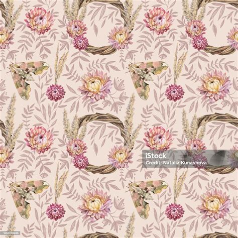 버드나무 가지와 분홍색 배경에 작은 이삭과 나방이 있는 마른 꽃의 매끄러운 보헤미안 패턴 수채화 화환 결혼식을 위한 갈색 손으로 그린 예술 드림캐쳐를 위한 장식 벽지 포장