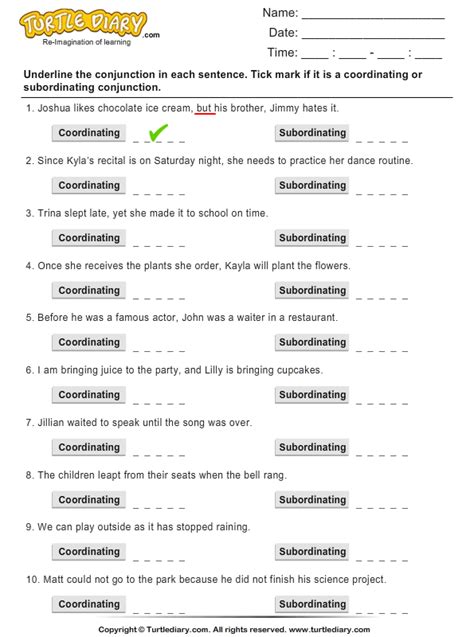 Coordinating And Subordinating Conjunctions Turtle Diary Worksheet