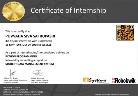 Completed A 2 Month Python Internship At Ei Systems Siva Sai Rupasri Puvvada Posted On The