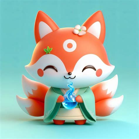 Cute Kitsune Water Element Fox Cartoon 3d Premium Ai Generated Image