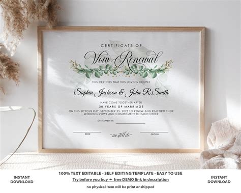 Vow Renewal Certificate Editable Printable Wedding Certificate Template Vow Renewal Gift