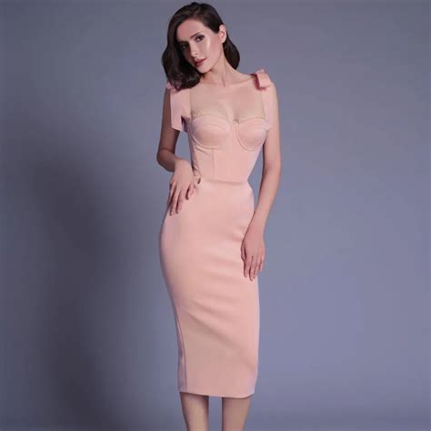 2021 Women Sexy Designer Lace Midi White Pink Bandage Dress Chic