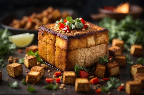 Premium Ai Image Crispy Baked Vegan Tofu Perfect Meat Substitute