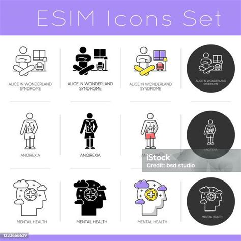 정신 장애 아이콘 설정 이상한 나라의 증후군의 앨리스 식욕 부진 Nervosa 정신 가열 심리적 지원 플랫 디자인 선형 블랙 및 컬러 스타일 격리된 벡터 일러스트레이션