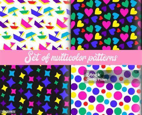 멀티 컬러 패턴의 집합입니다 마음의 단순 요소 선박 점 별 패턴 원활한 벡터 밝은 색상 배경의 컬렉션입니다 유행 세련 된 벽지