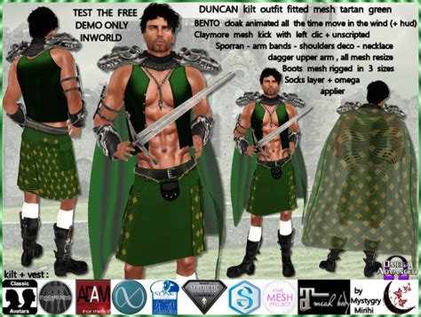 Second Life Marketplace Duncan Kilt Outfit Green Tartan Fitmesh