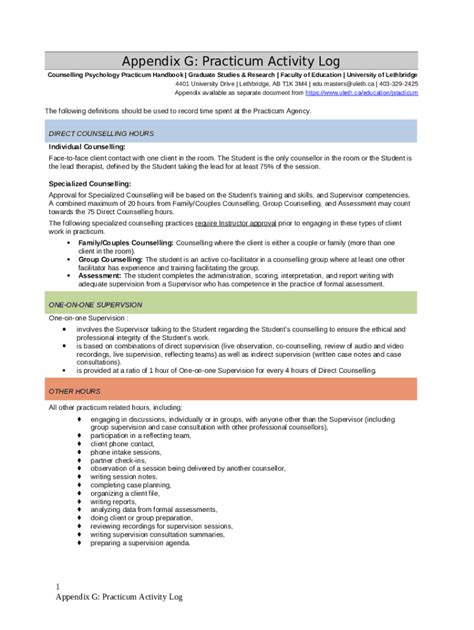 appendix g practicum activity log university of lethbridge doc