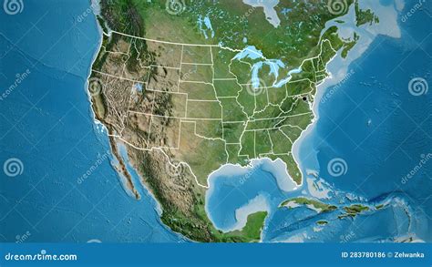 Shape Of United States Of America With Regional Borders Satelli Stock