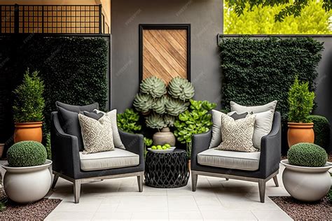Cómodos Sillones De Diseño En Un Patio Moderno Con Plantas A Lo Largo