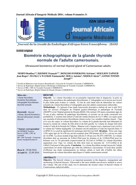 Pdf Ultrasound Biometrics Of Normal Thyroid Gland Of Cameroonian Adults Biométrie