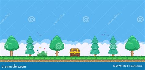 Vector Pixel Art Illustration Of Cartoon Treasure Chest In Mixed Forest