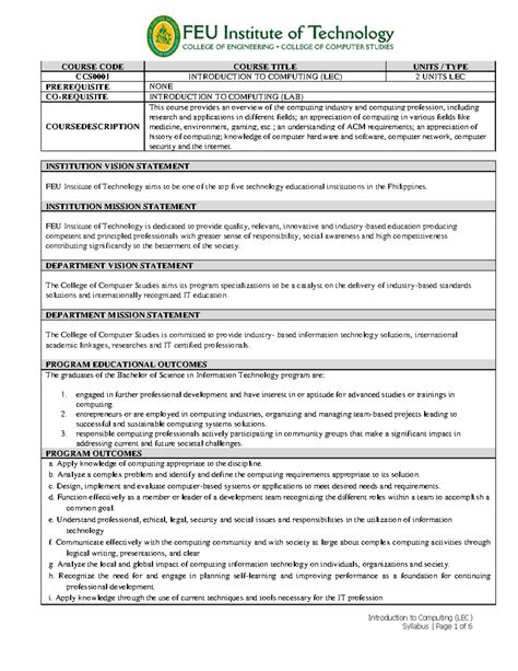 CCS Introduction To Computing Syllabus Introduction To Computing LEC COURSE CODE