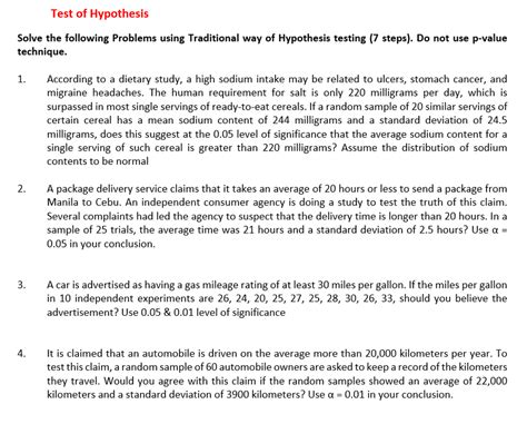 Solved Test Of Hypothesis Solve The Following Problems Using Chegg