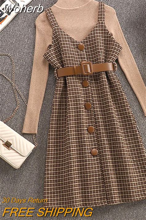 Woherb Piece Dress Set Women Autumn Winter Solid Base Sweater And