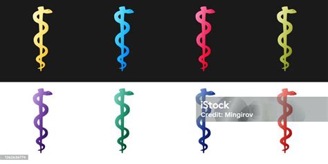 아스클레피우스 뱀의 세트 로드는 흑백 배경에 고립 된 실루엣 아이콘을 코일 약국 이나 약에 대 한 엠블럼 약국 뱀 기호 벡터 건강 진단에 대한 스톡 벡터 아트 및 기타