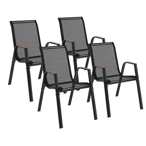 Lot De 4 Chaises De Jardin Empilables Métal Et Textilène Noir Et Bois