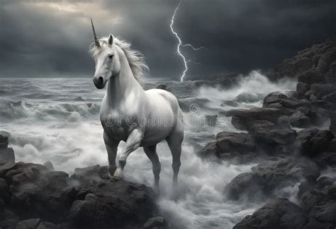 Ai Generated Illustration Of A Majestic White Unicorn On A Rocky Shore