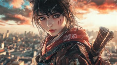 Woman Ninja Assassin Legend Anime Style Standing With A Serious And