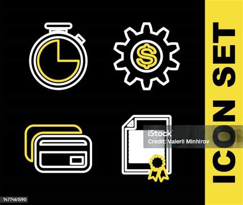 달러 기호 인증서 템플릿 신용 카드 및 스톱워치 아이콘으로 라인 기어를 설정합니다 벡터 0명에 대한 스톡 벡터 아트 및 기타 이미지 Istock