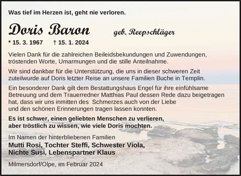 Traueranzeigen Von Doris Baron Trauer Nordkurier