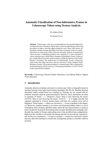 Pdf Automatic Classification Of Non Informative Frames In Colonoscopy Videos Using Texture