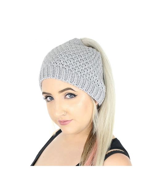 Winter Waffle Knit Ponytail Beanie Hat Stretchy Messy Bun Knitted