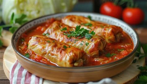 Stuffed Cabbage Rolls In Tomato Sauce On A Wooden Table Presenting