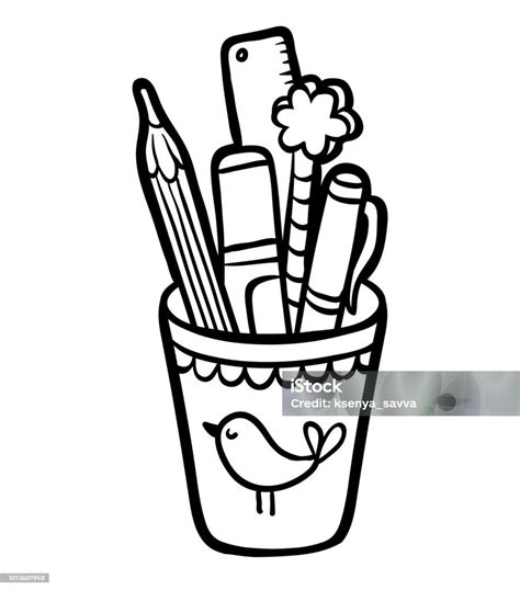 Buku Mewarnai Seperangkat Aksesoris Sekolah Dalam Kaca Ilustrasi Stok