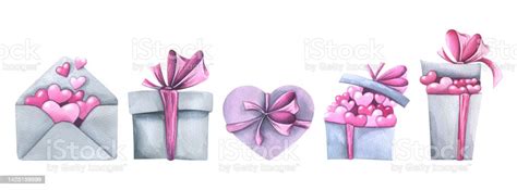 선물 세트 활과 마음이있는 휴일 상자 수채화 그림 큰 발렌타인 데이 세트에서 흰색 배경에 고립 된 물체 작곡의 장식과 디자인을 위해 개체 그룹에 대한 스톡 벡터 아트 및