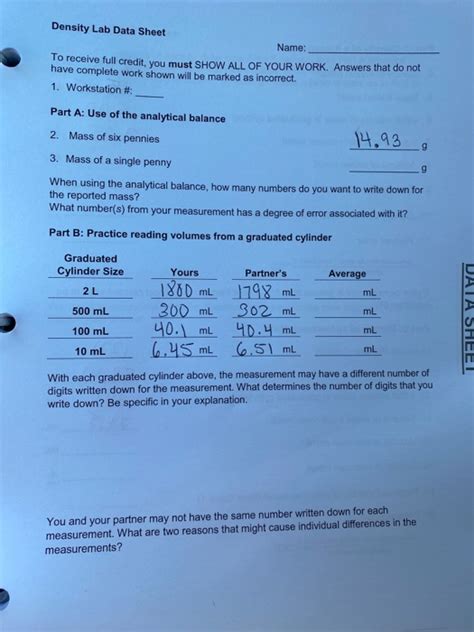 solved density lab data sheet name to receive full credit