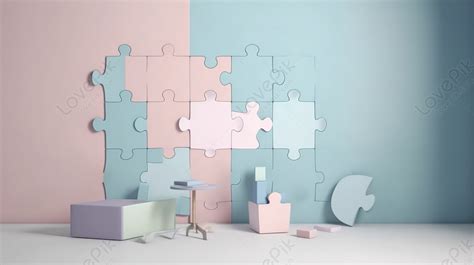 3d 렌더링 파란색 음영 배경에 독특한 디자인의 파스텔 색상 직소 퍼즐 벽 3d 요소 배경 색상 배경 3d 색상 배경 이미지 Hd 3d 요소 색상 3d 색상