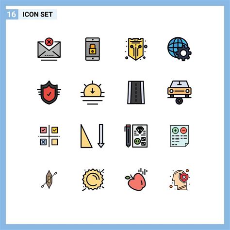 Mobile Interface Flat Color Filled Line Set Of 16 Pictograms Of Check Globe Mobile Application