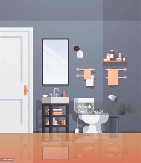 현대 목욕탕 화장실 가구 사람들이 빈 목욕 룸 인테리어 디자인 평면 수직 0명에 대한 스톡 벡터 아트 및 기타 이미지 0명 가구 가정 생활 Istock