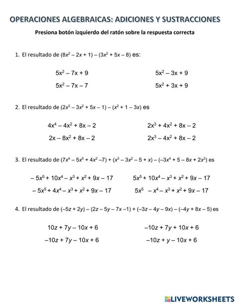 Operaciones Algebraicas Online Activity For Bachillerato Live Worksheets