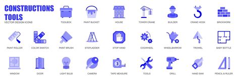 간단한 플랫 디자인으로 설정된 웹 아이콘의 건설 도구 개념 도구 상자 페인트 버킷 하우스 타워 크레인 벽돌 색상 견본 브러시 및
