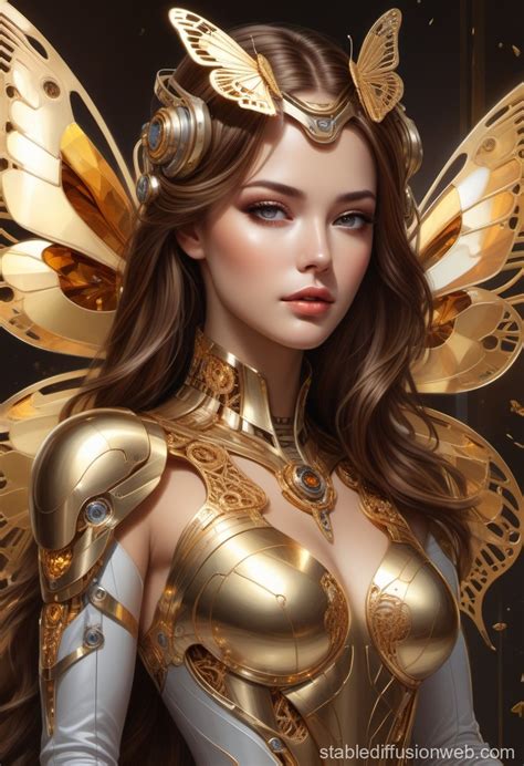 Elegant Cyborg Portrait With Gold Butterfly Stable Diffusion Online