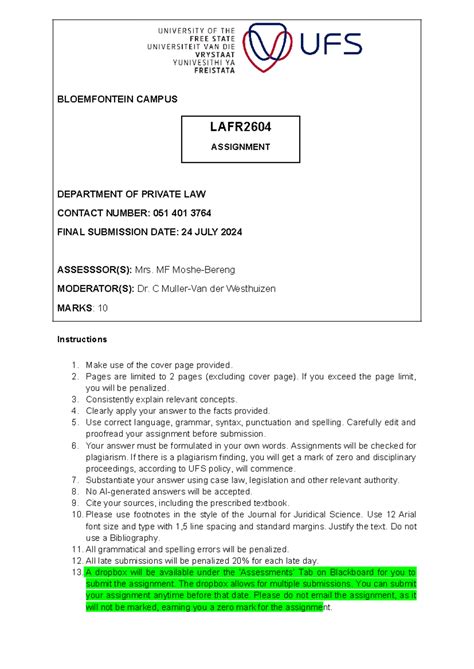 Assignment 1v2 LAFR2604 Final Instructions 1 Make Use Of The Cover