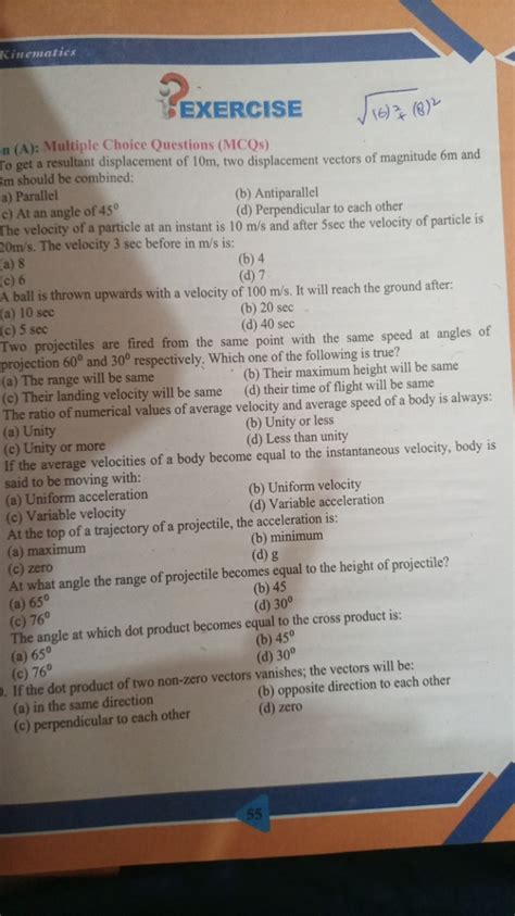 Kinematicsexercise 6 2× 8 2 In A Multiple Choice Questions Mcqs T