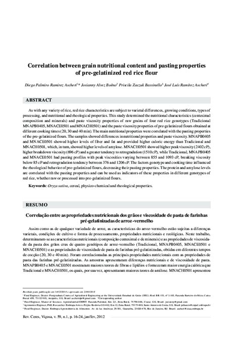 Pdf Correlation Between Grain Nutritional Content And Pasting Properties Of Pre Gelatinized