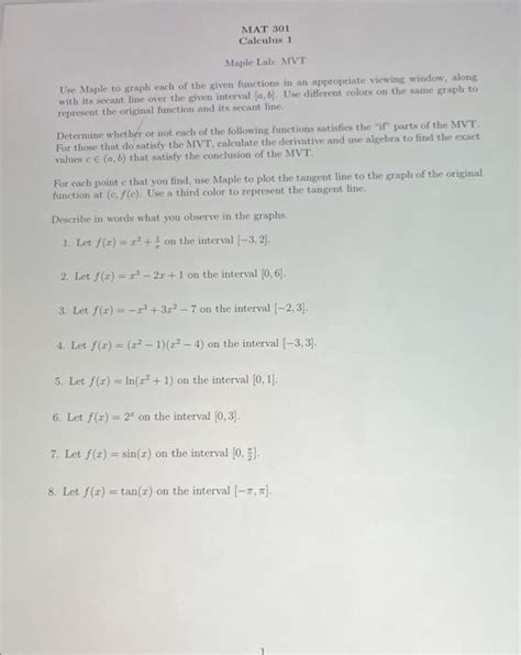 Solved MAT Calculus Maple Lab MVT Use Maple To Graph Chegg