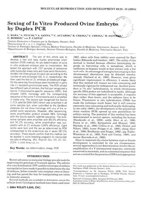 Pdf Sexing Of In Vitro Produced Ovine Embryos By Duplex Pcr