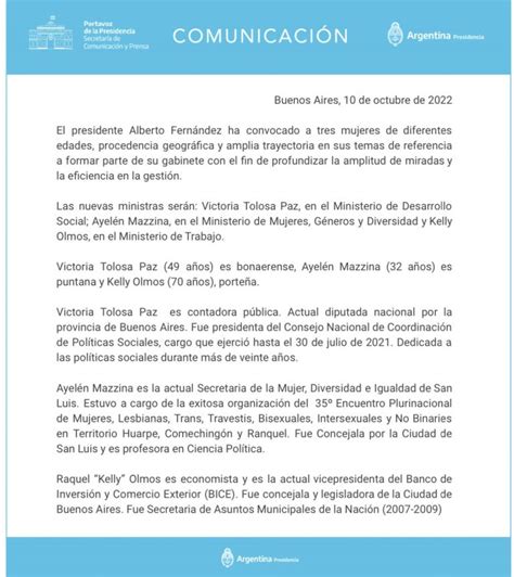 Cambios en el Gabinete Victoria Tolosa Paz Ayelén Mazzina y Kelly