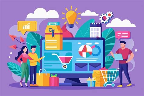 Two Characters Interact With A Large Screen Displaying Ecommerce