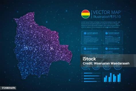 볼리비아 지도 인포그래픽 템플릿은 다이어그램 그래프 프리젠테이션 및 차트에 파란색 배경에 추상적인 기하학적 메쉬 다각형 조명 개념이 있습니다 볼리비아에 대한 스톡 벡터 아트