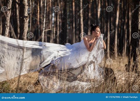 Woman In A White Wedding Dress Stands In The Forest Stock Image
