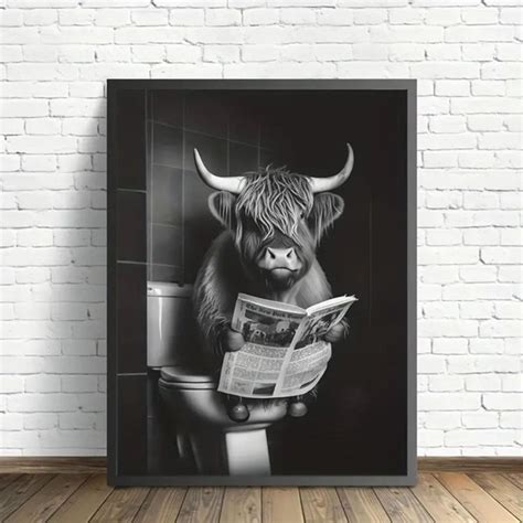 1pc Frameless Canvas Painting Funny Highland Cow On Toilet Home Decor
